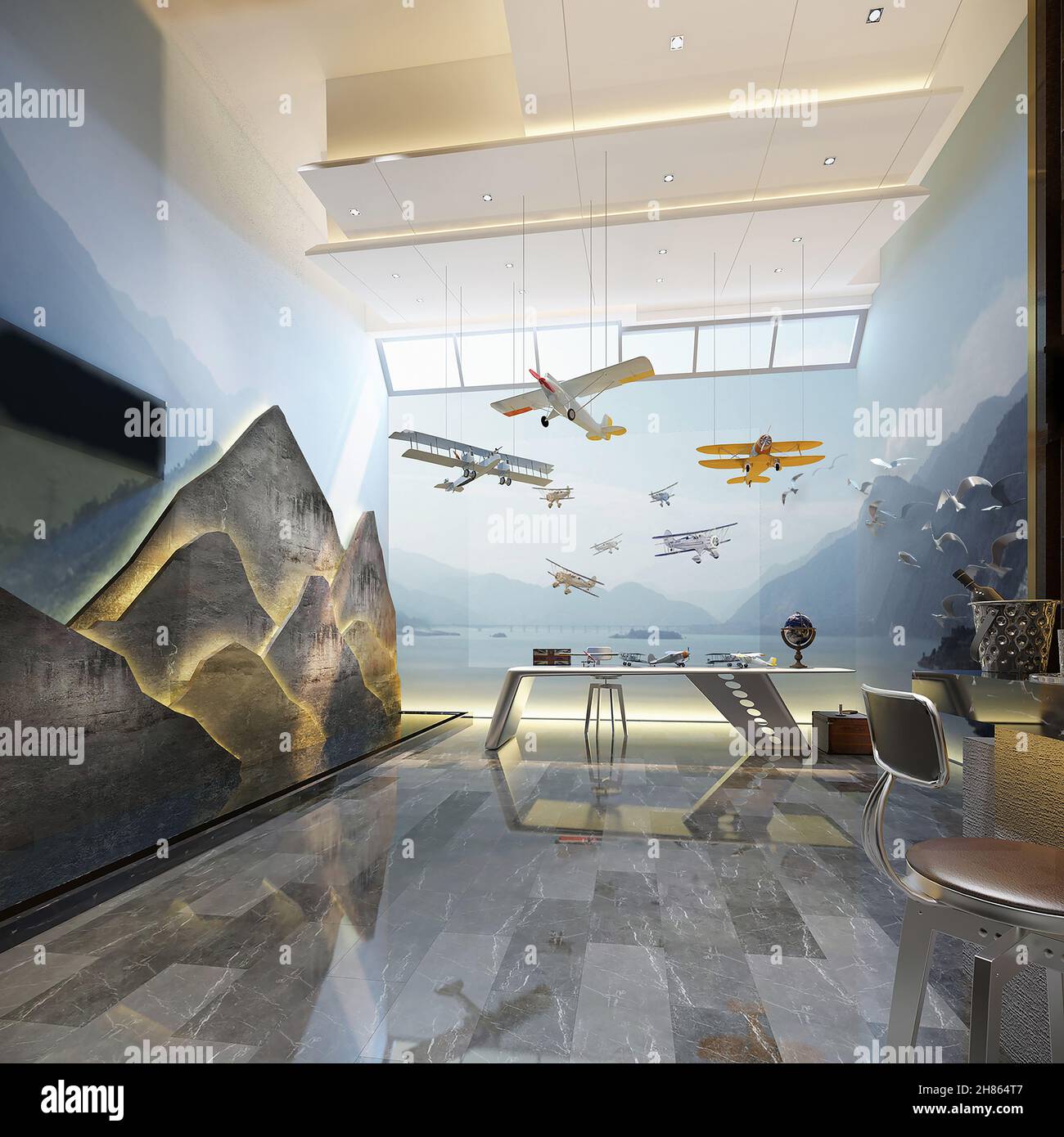 A 3d render of a modern room interior with airplane hanging on ceiling ...