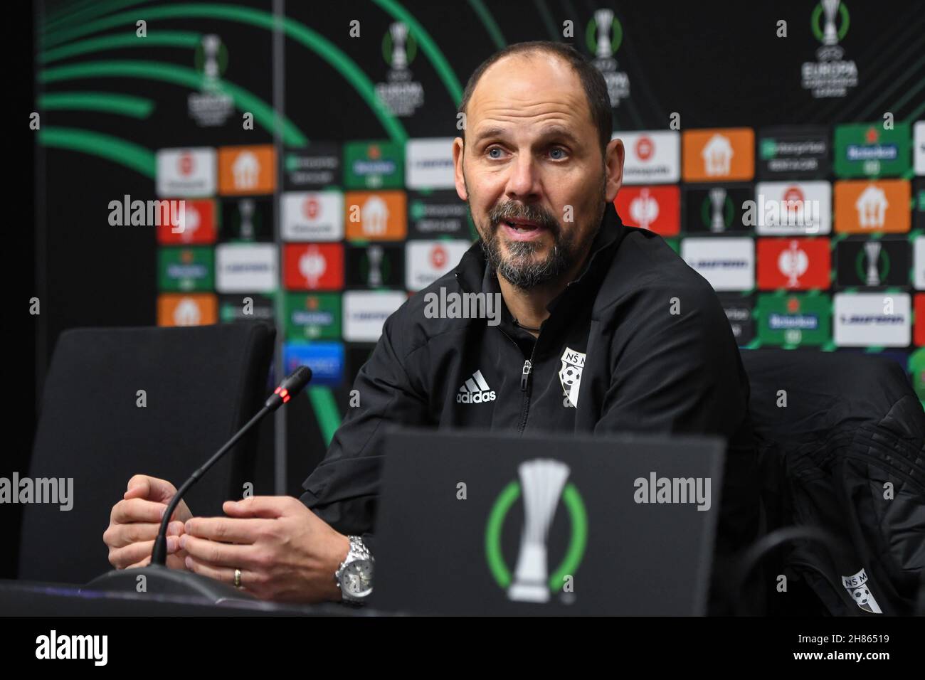 Ante Simundza, head coach of NS Mura speaks to the media after the UEFA ...
