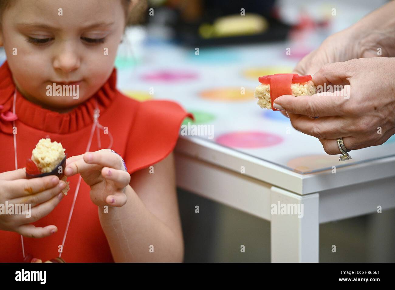 A child makes candy sushi at Cricket’s Candy Creations in New York, NY ...