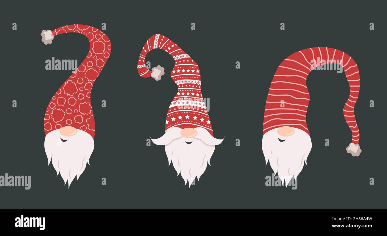 Cute gnomes faces in santa hats on black background. Scandinavian ...
