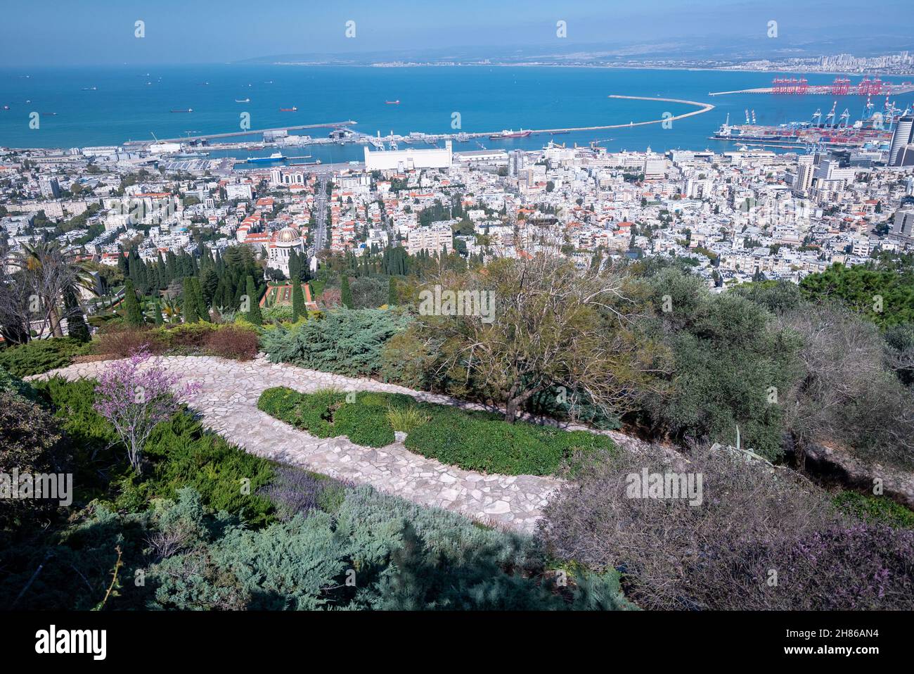 Israel, Haifa, The gardens of the Bahai Shrine. Downtown Haifa, the ...