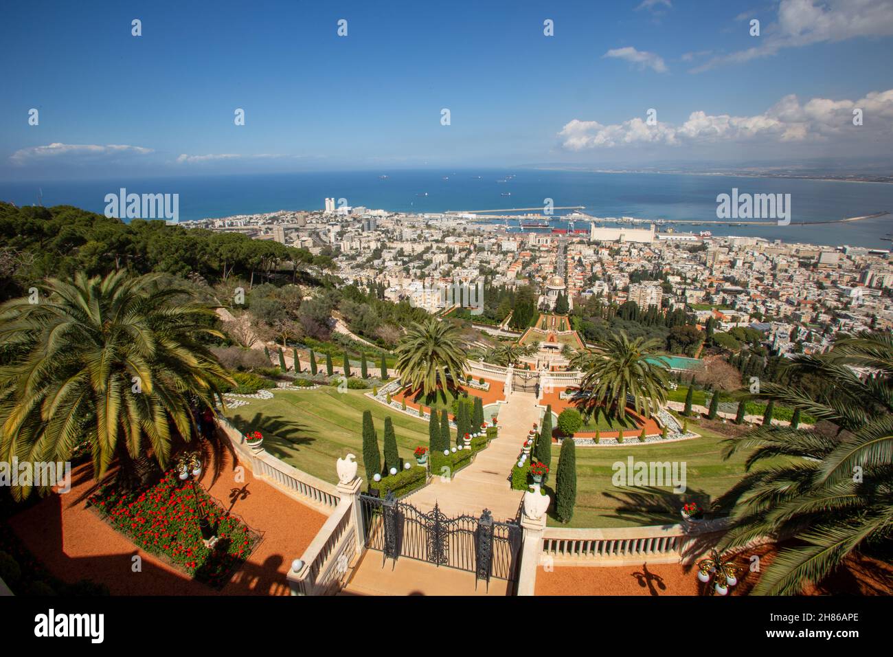 Israel, Haifa, The gardens of the Bahai Shrine. Downtown Haifa, the ...
