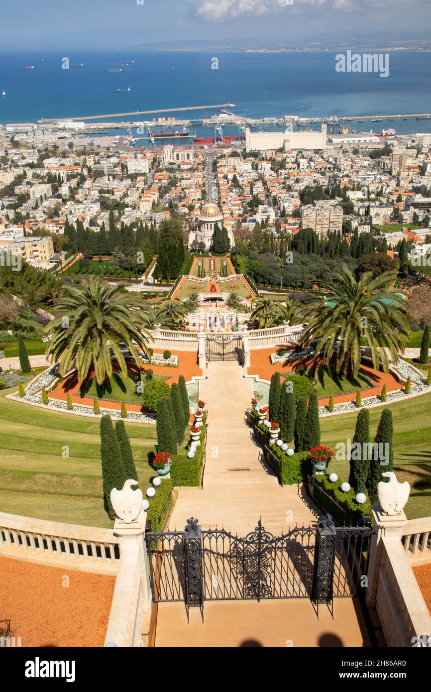 Israel, Haifa, The gardens of the Bahai Shrine. Downtown Haifa, the ...