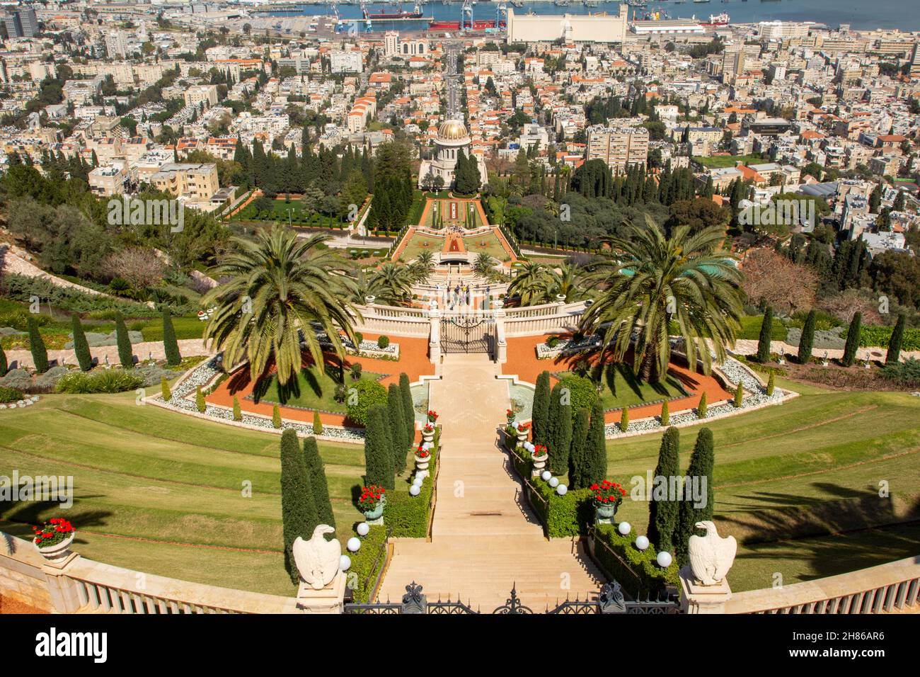 Israel, Haifa, The gardens of the Bahai Shrine. Downtown Haifa, the ...
