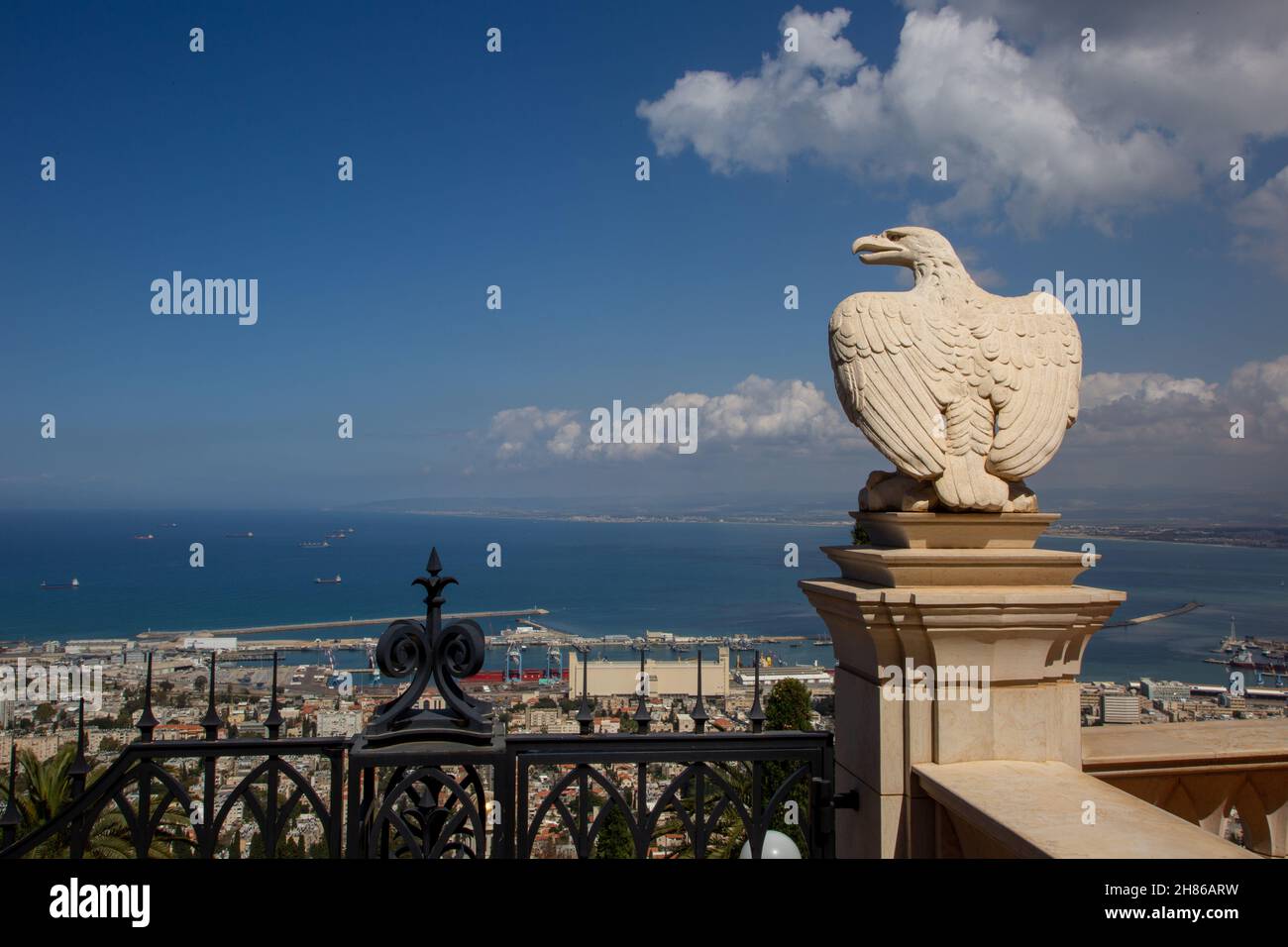 Israel, Haifa, The gardens of the Bahai Shrine. Downtown Haifa, the ...