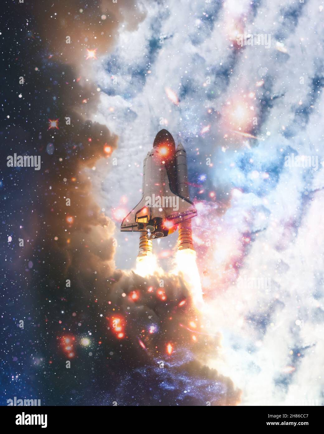 Spaceship takes off into the starry sky. Rocket starts into space ...