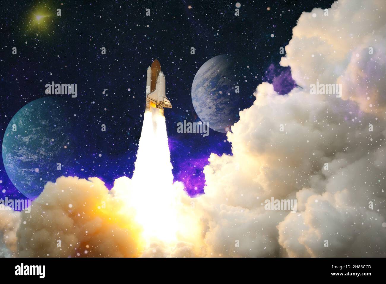 Rockets launch into space on the starry sky. spacecraft flies into ...