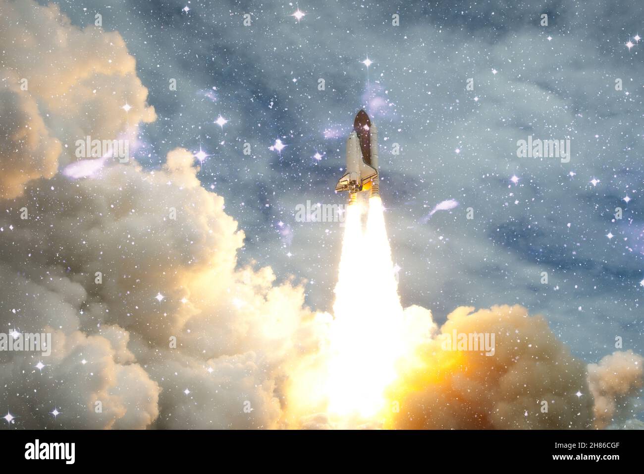 Rocket starts into space. Concept . Spaceship lift off with blast and ...