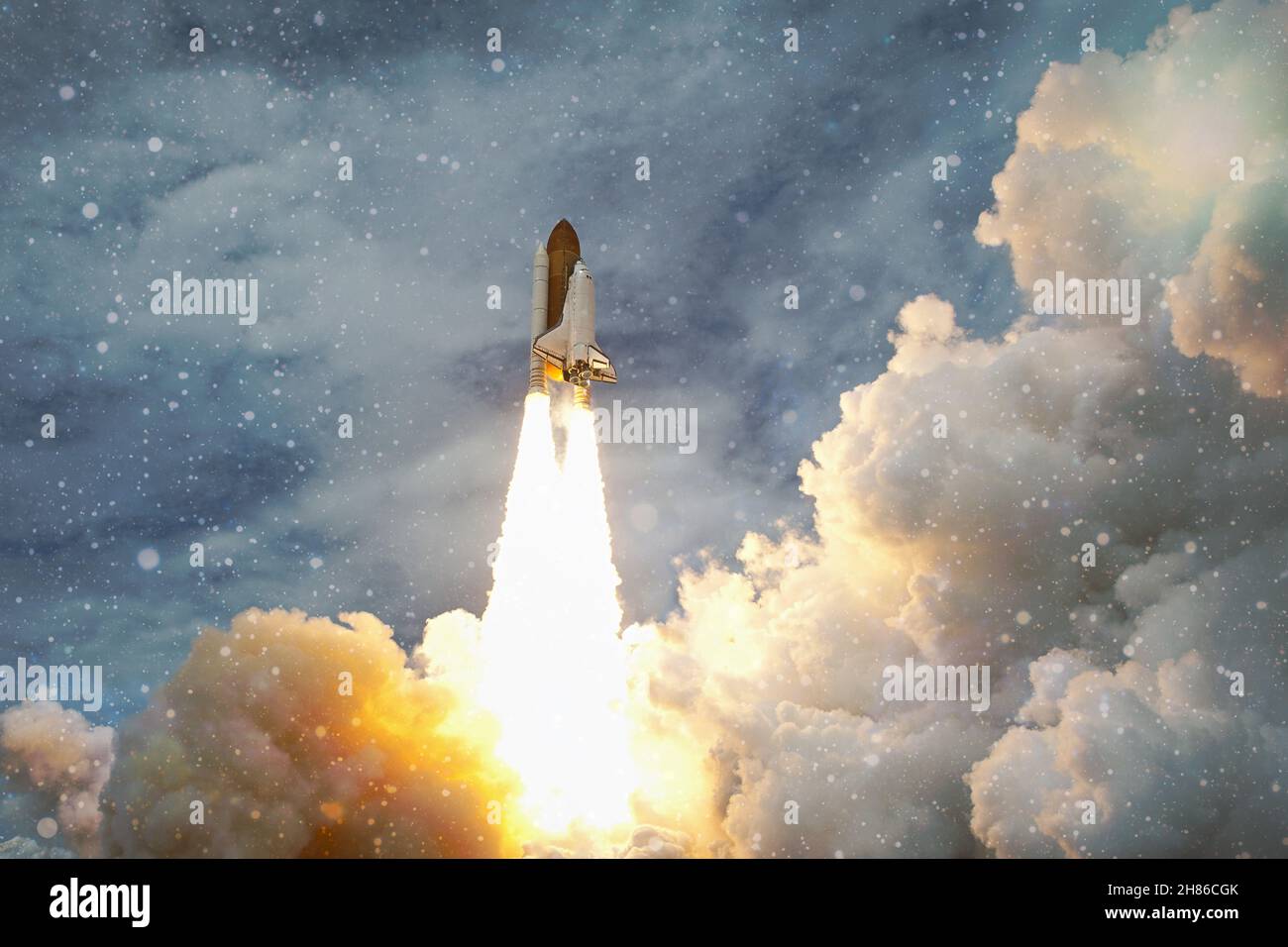 Rocket starts into space. Concept . Spaceship lift off with blast and ...