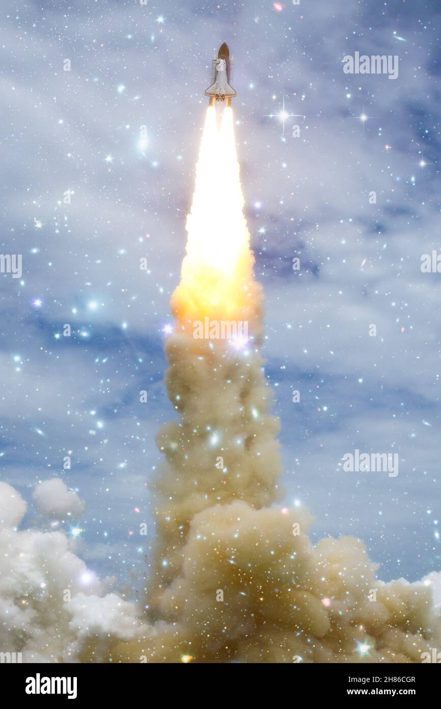 Rocket starts into space. Concept . Spaceship lift off with blast and ...