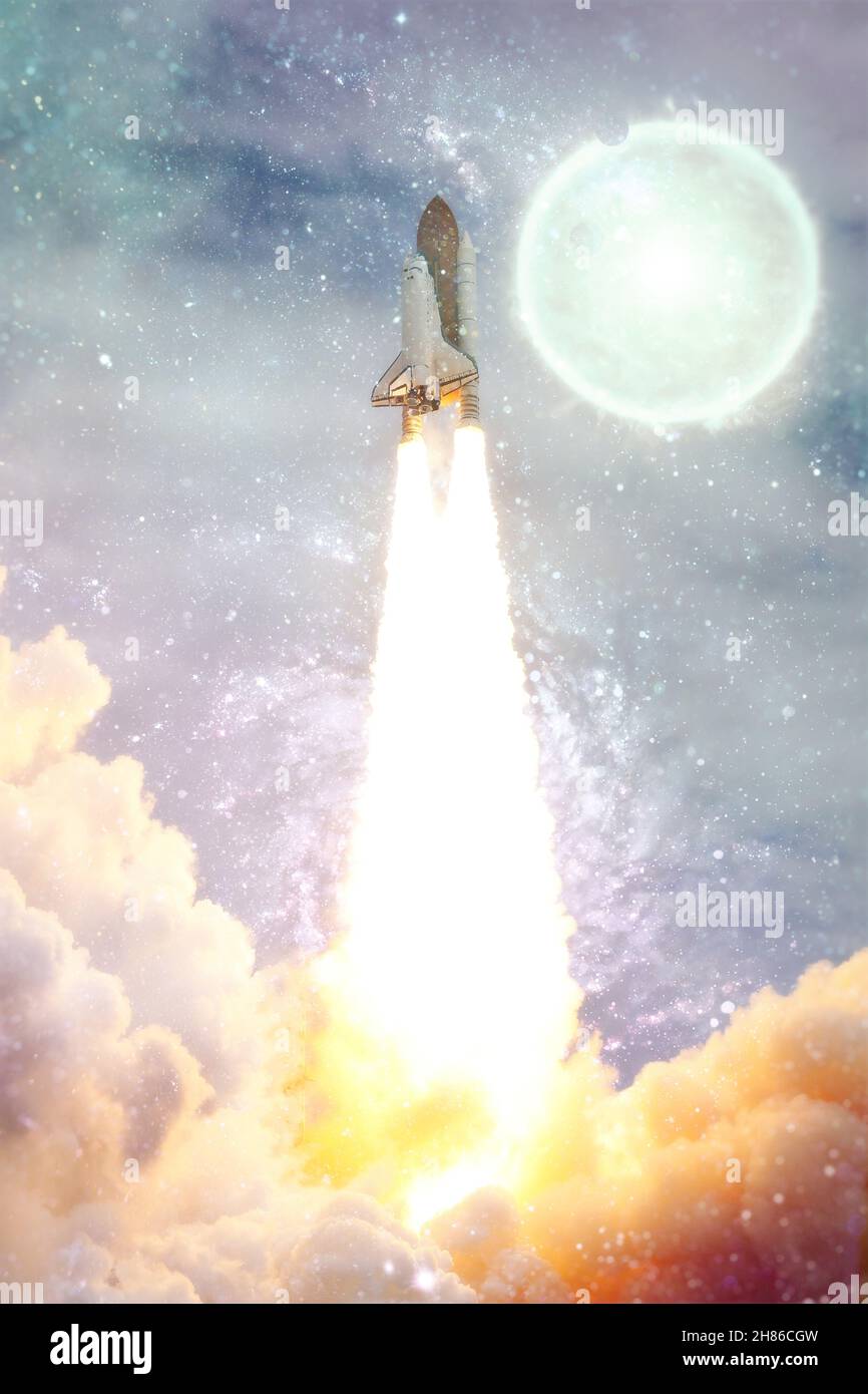 Rocket starts into space. Concept . Spaceship lift off with blast and ...
