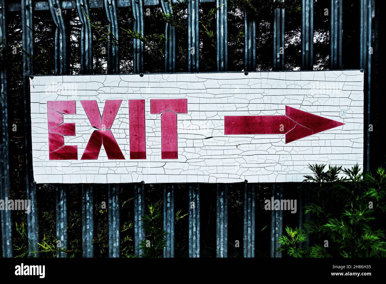 exit sign mounted on security railings Stock Photo - Alamy