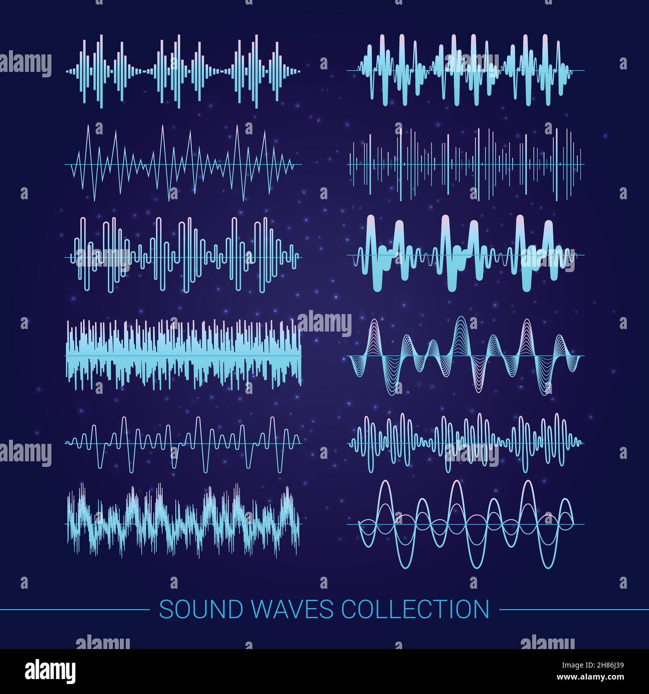 Sound waves collection with audio symbols on blue background flat ...