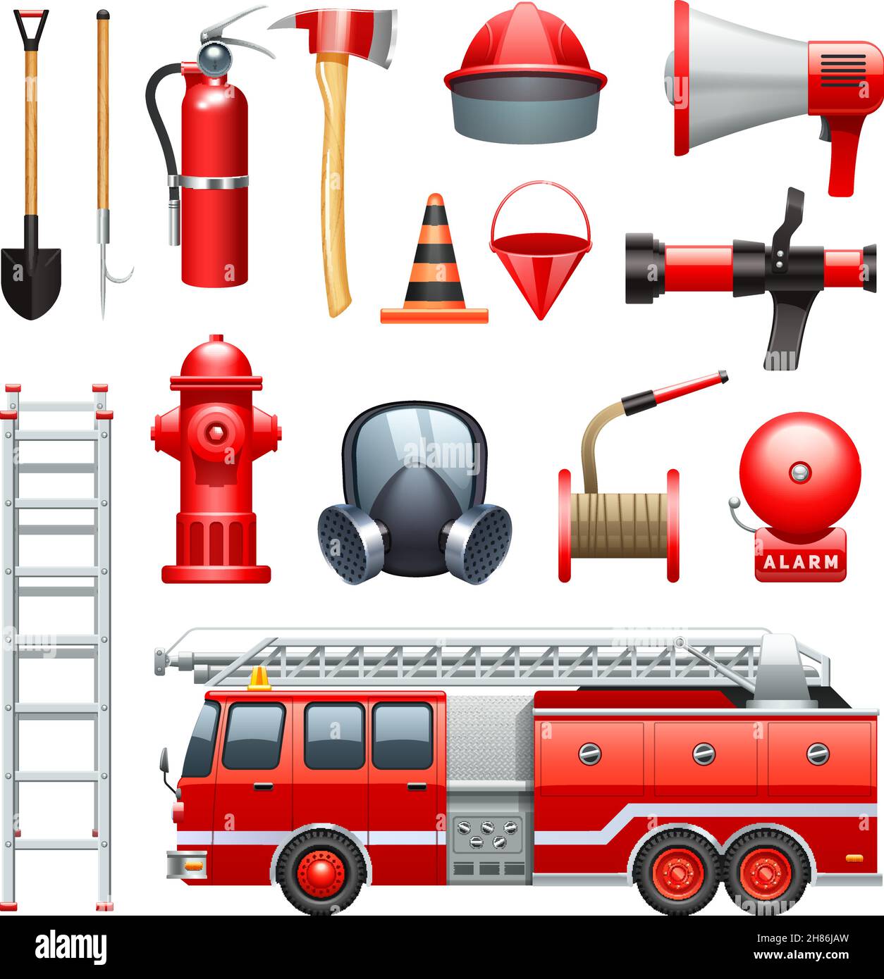Firefighter tools equipment and engine red realistic icons collection ...