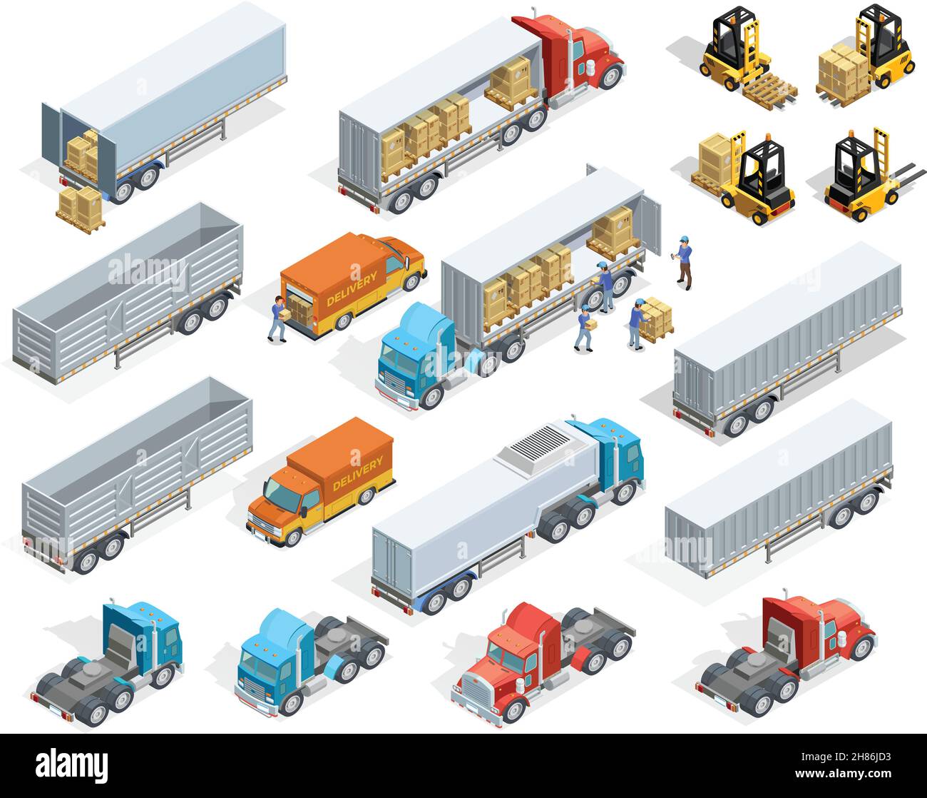 Transportation isometric elements set with loaded and empty trucks ...