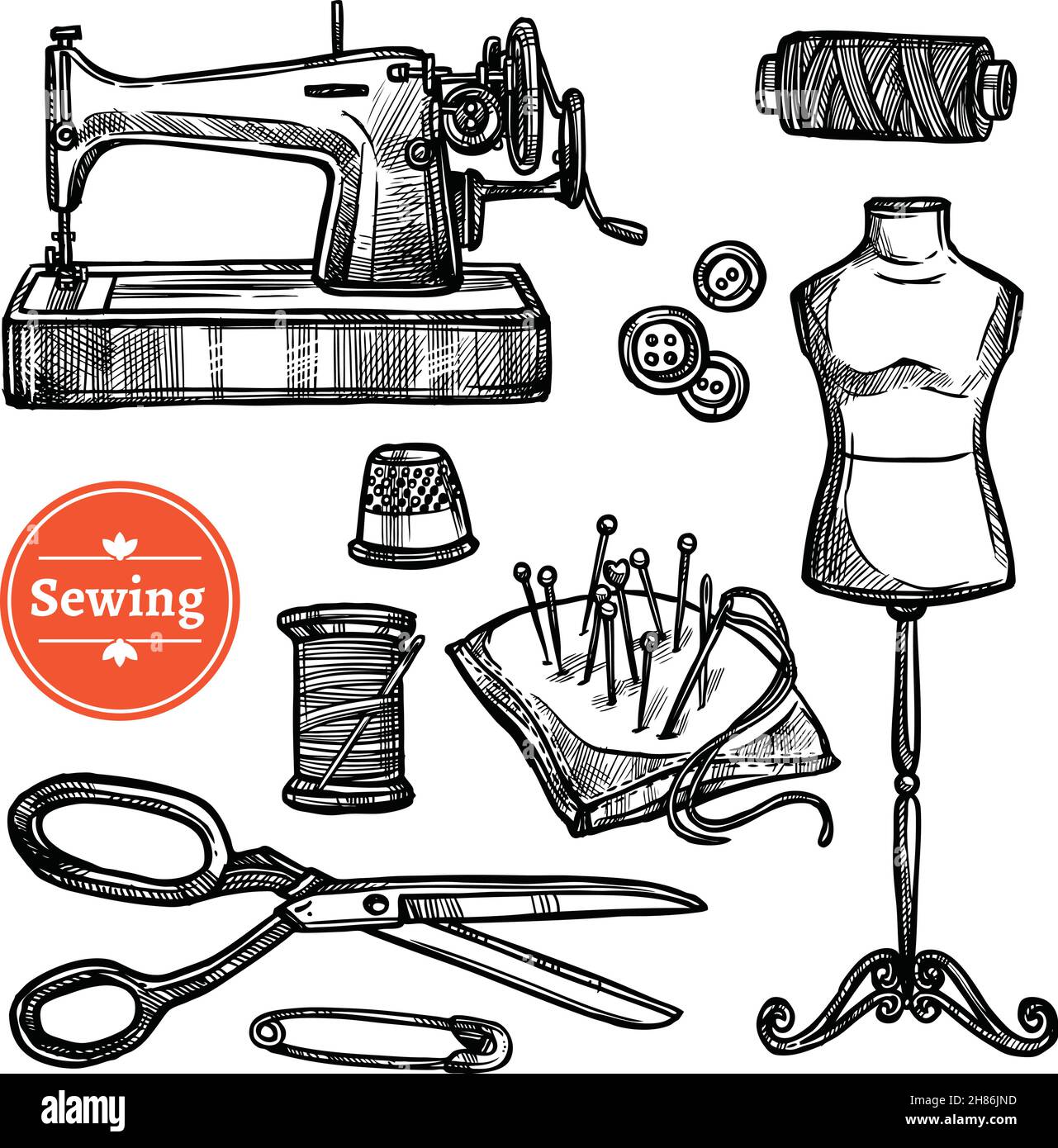 Hand drawn sketch sewing set with mannequin scissors thimble pins ...