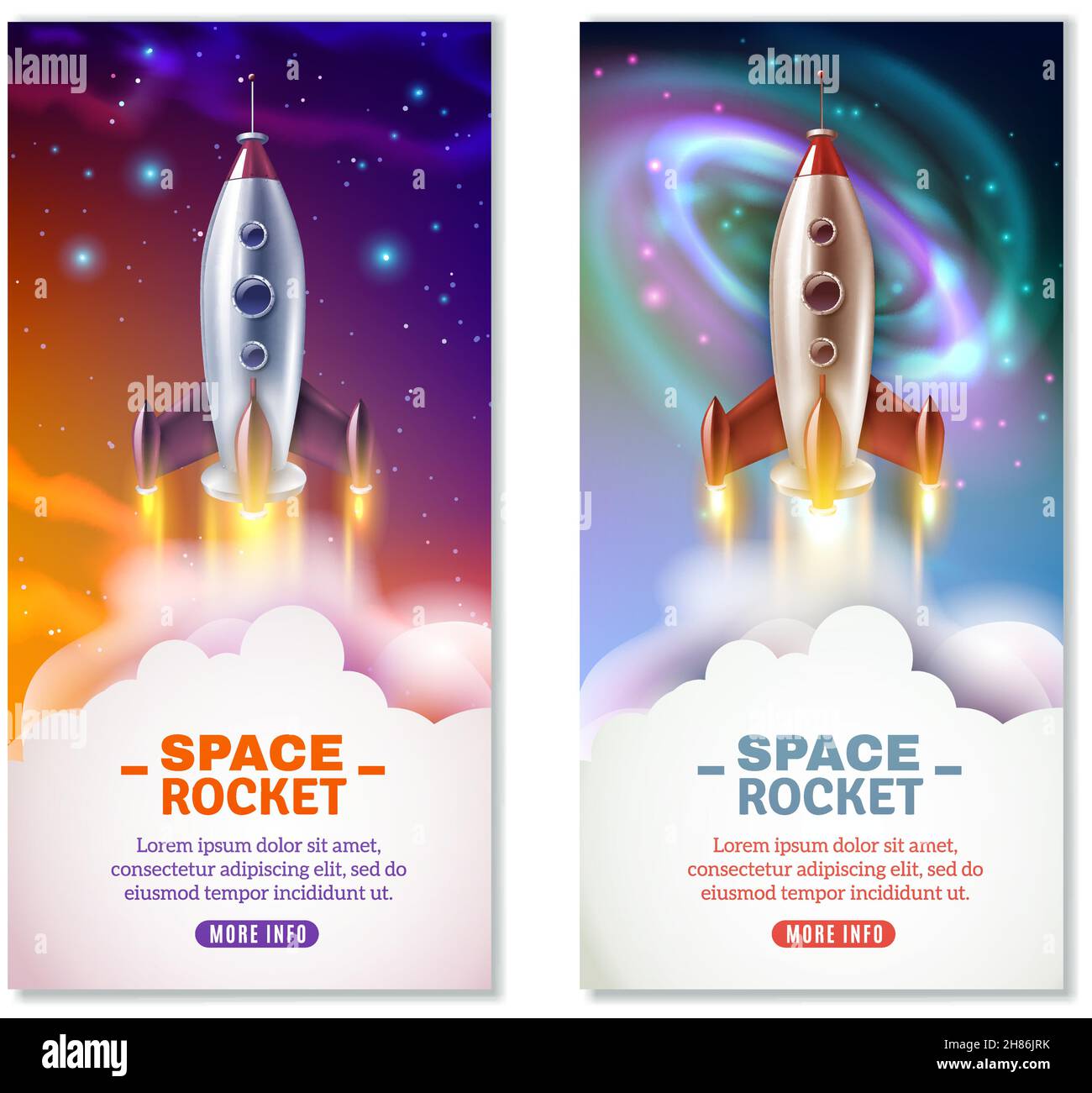 Vertical banners with space rocket launch on colorful background with ...