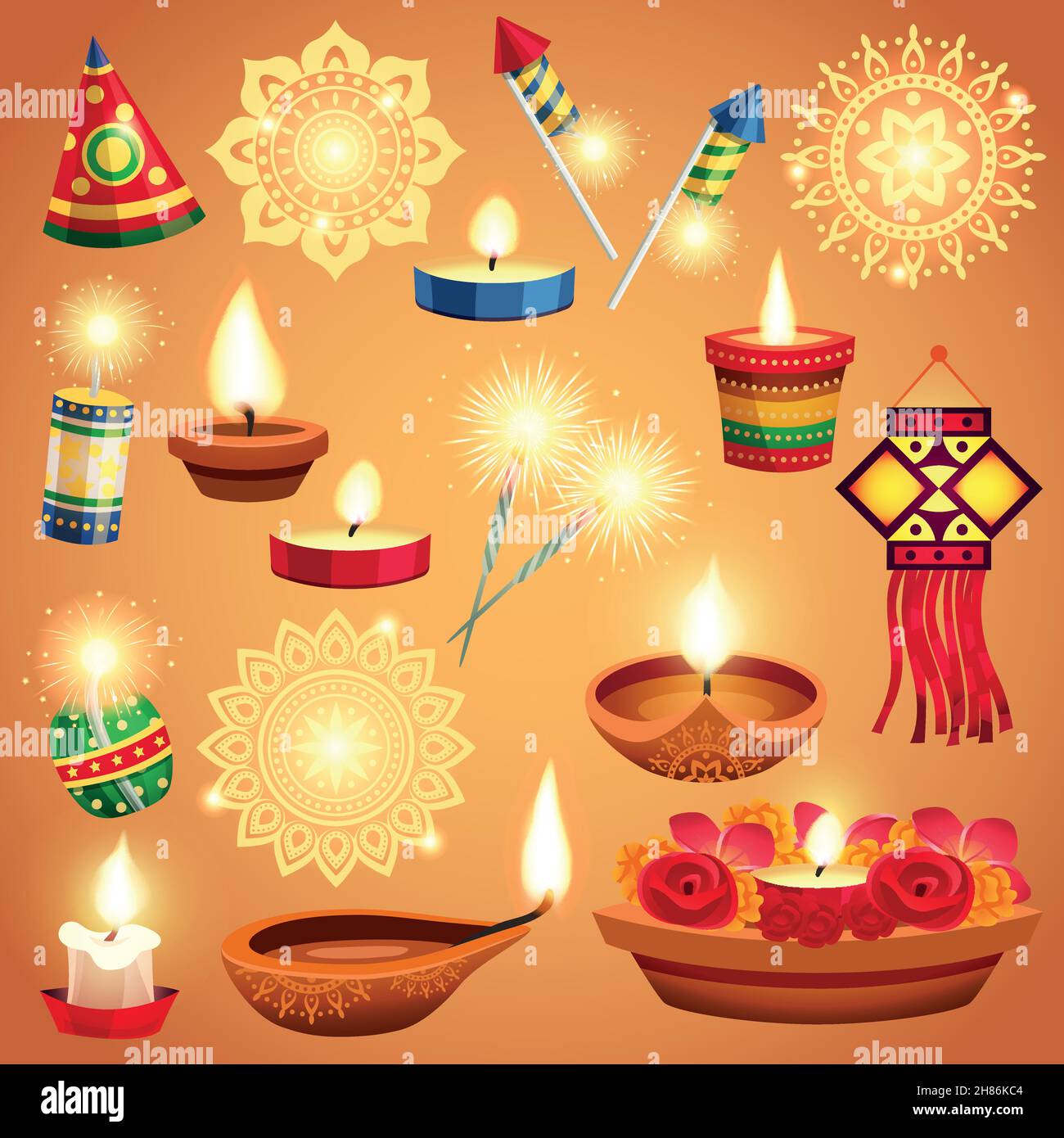 Realistic set of candles fireworks and decorations for diwali holiday ...