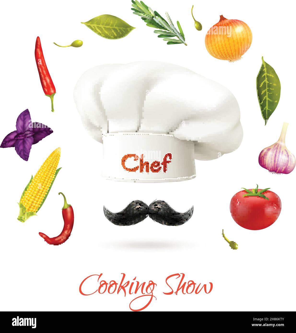 Cooking show realistic concept with chef hat mustache and ingredients ...