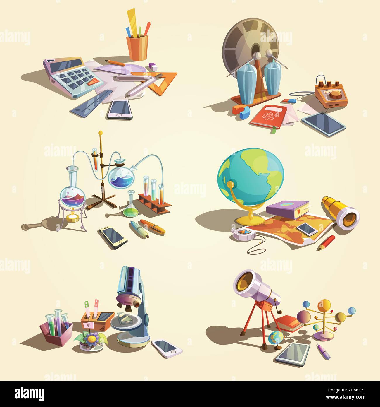 Science retro concept set with cartoon education objects isolated ...