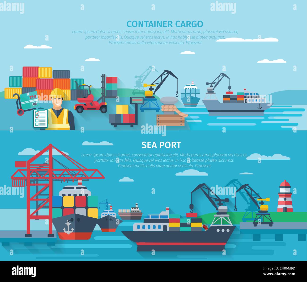 Sea port horizontal banner set with container cargo elements flat ...