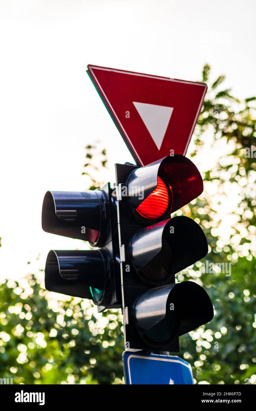 Traffic light with red light. Traffic light signal semaphore located in ...
