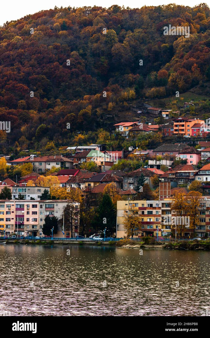 View of Danube river and Orsova city vegetation and buildings ...