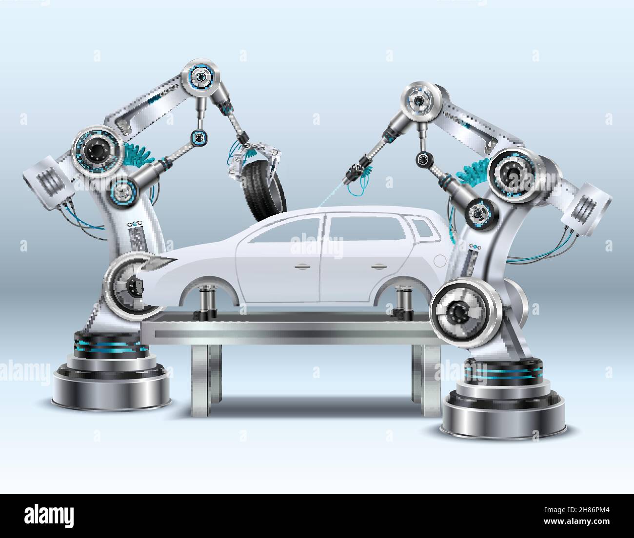 Robotic arms in car assembly line manufacturing process in automotive industry realistic ...