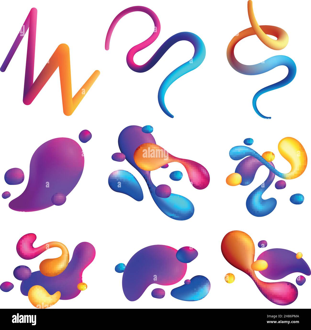 Set of different abstract shapes of holographic fluid spills on white ...