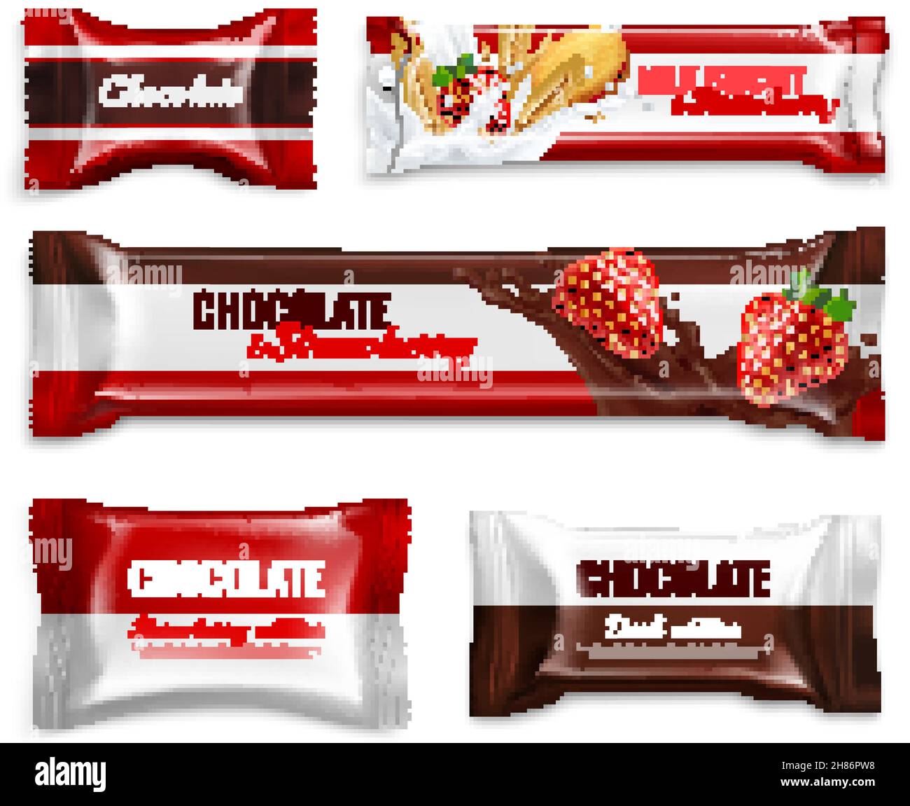 Chocolate candies and biscuits realistic packaging design set with ...