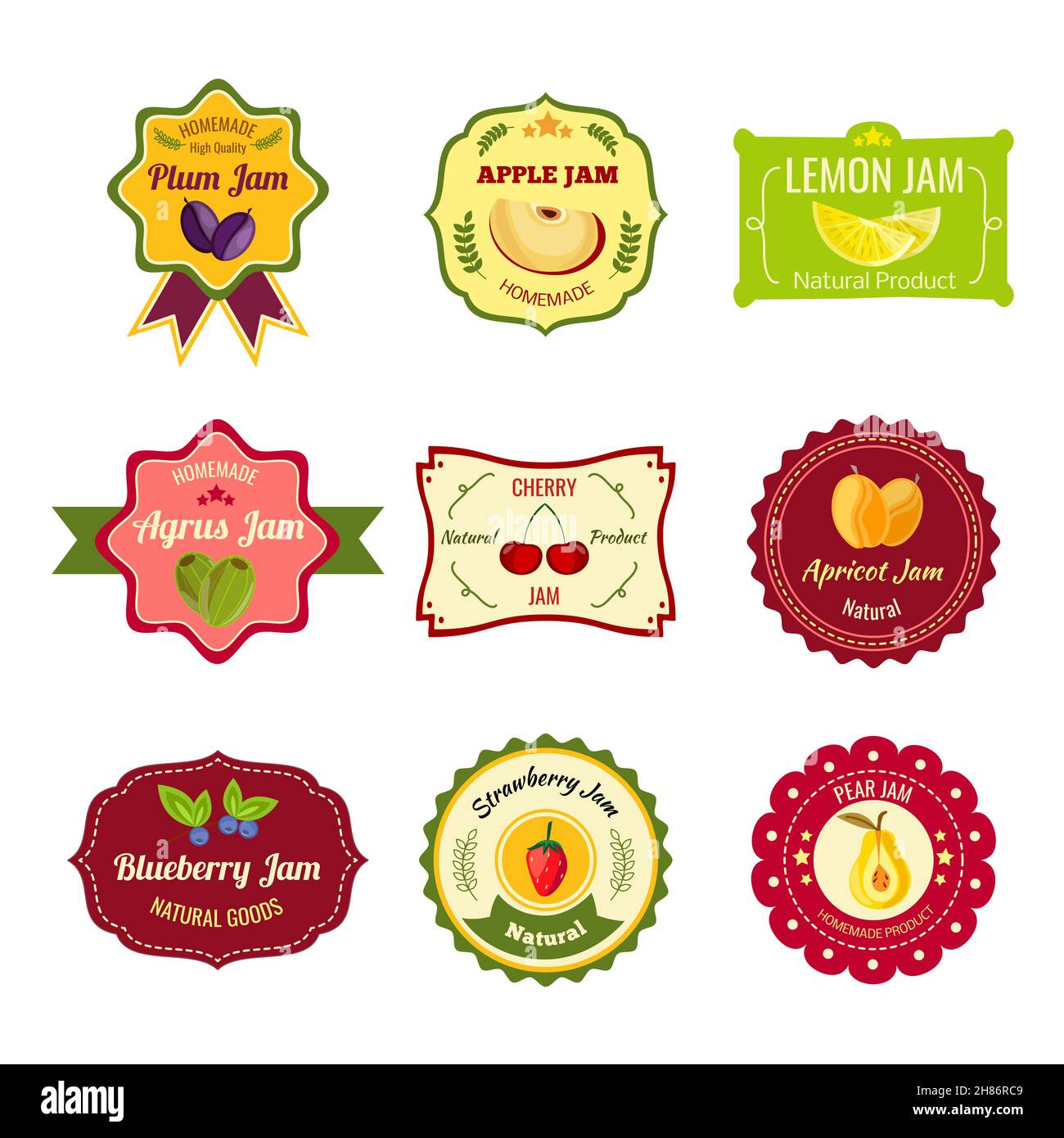 Natural jam colorful labels for homemade products of different fruit ...
