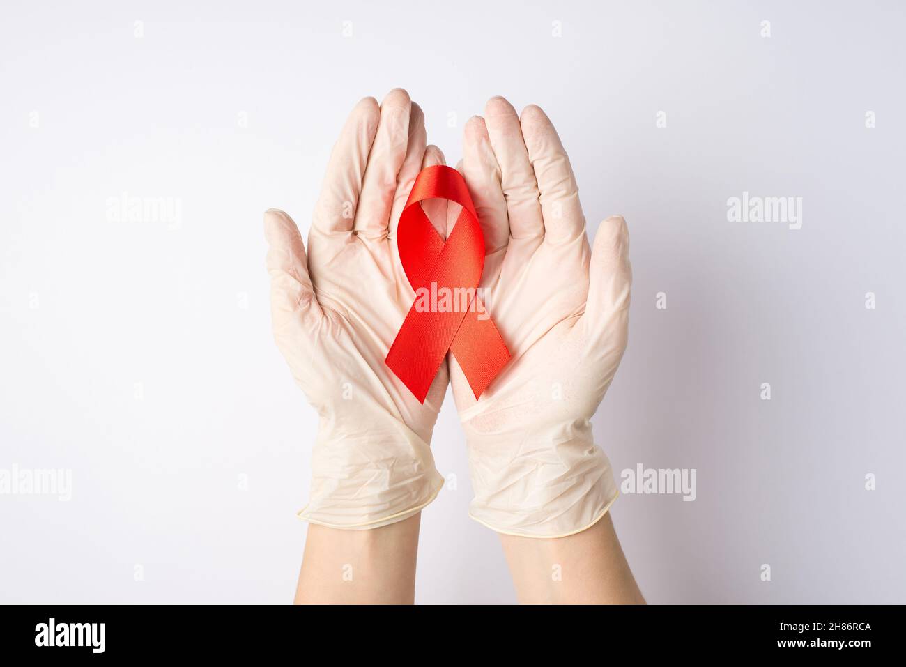 First person top view photo of hands in medical protective gloves ...