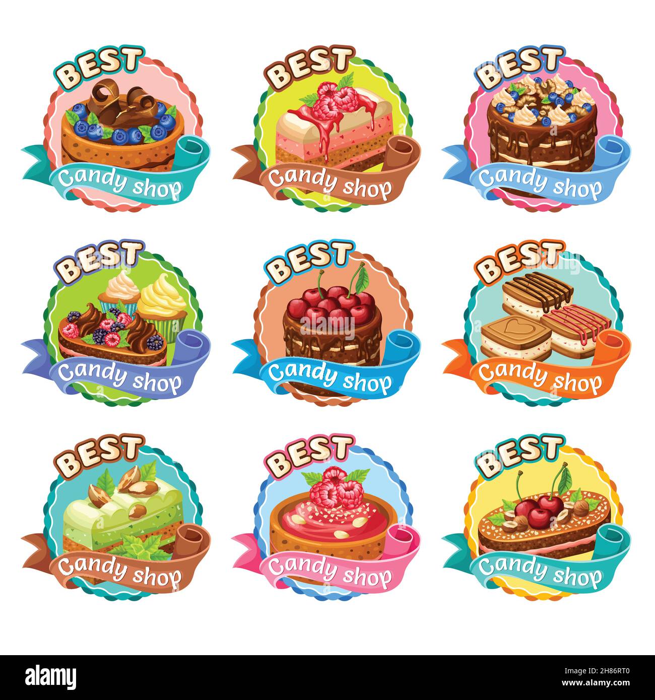 Colorful candy shop stickers set with cakes cupcakes cookies with ...