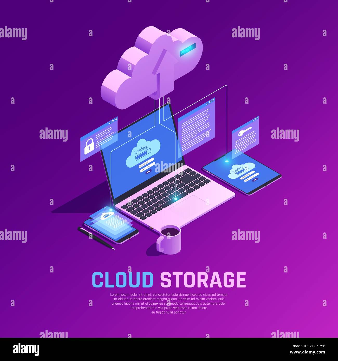 Cloud office glow isometric composition with pictograms connected with ...