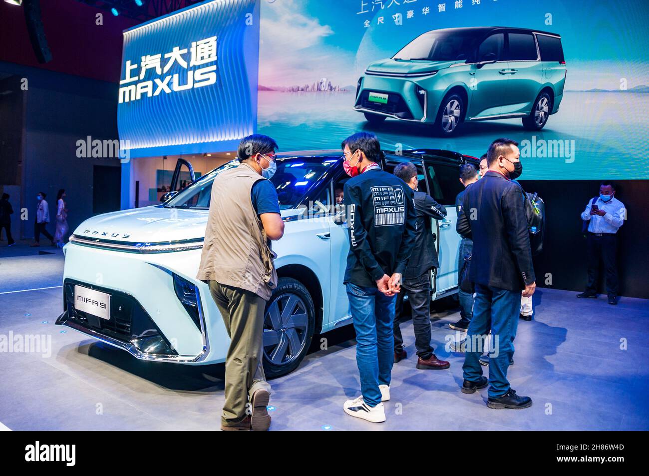 Maxus Mifa 9 an all-electric MPV EV on display at the 2021 Guangzhou ...