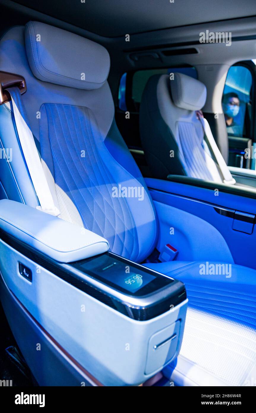 Interior of the Maxus Mifa 9 an all-electric MPV EV on display at the ...
