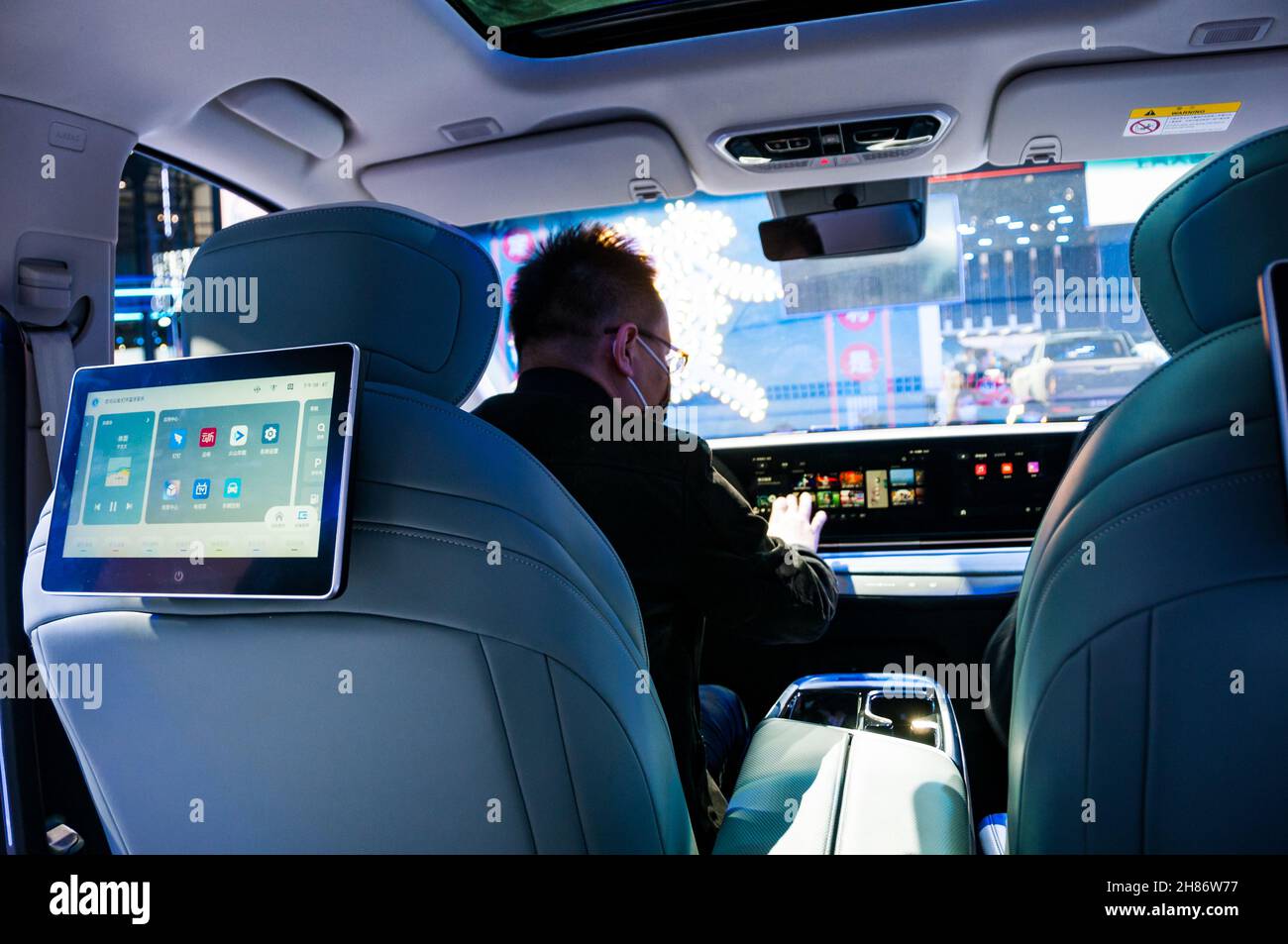 Interior of the Maxus Mifa 9 an all-electric MPV EV on display at the ...