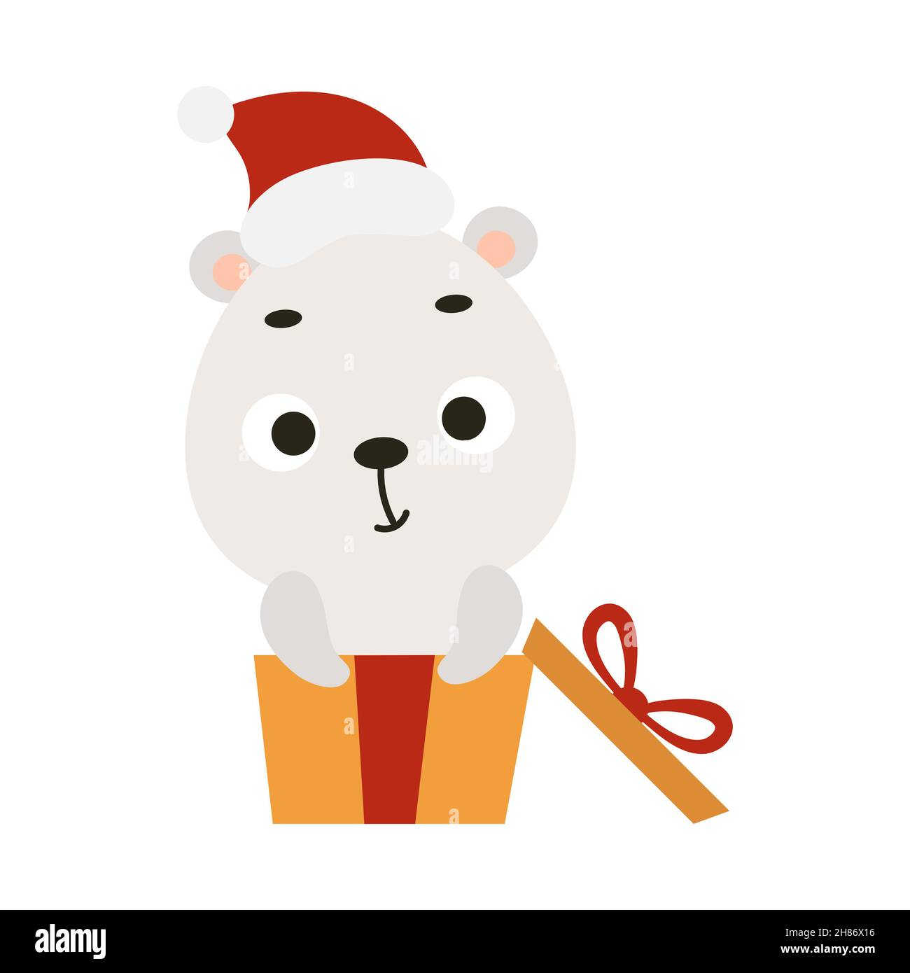 Cute Christmas polar bear sit in gift box on white background. Cartoon ...