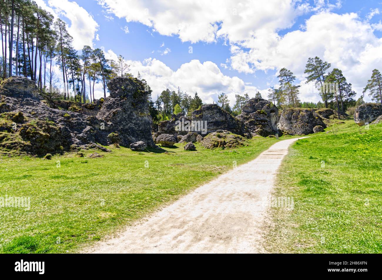 A beautiful view of a landscape with a pathway, rocks and trees Stock ...
