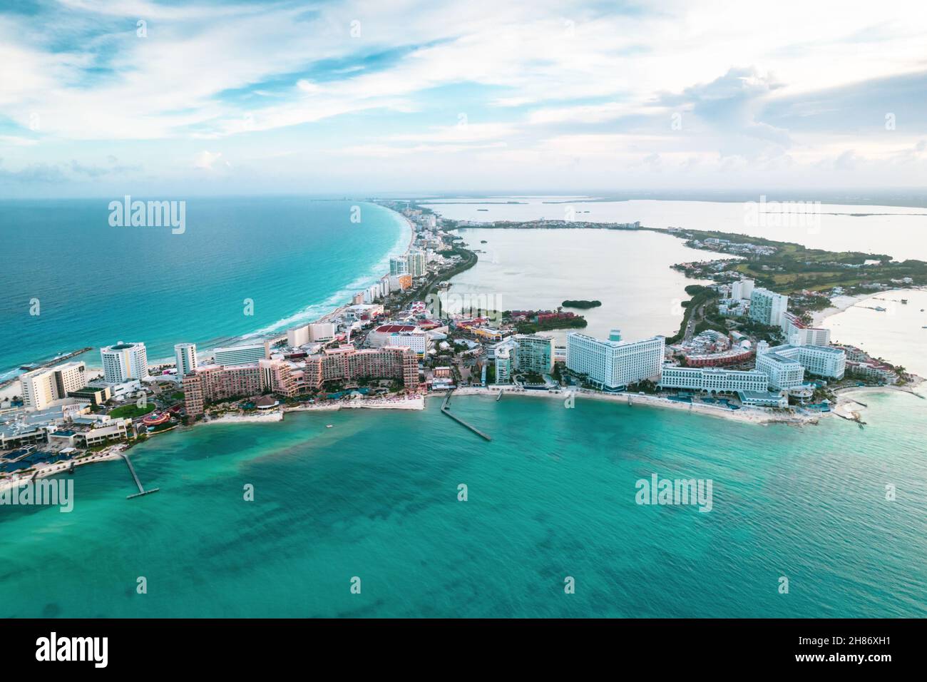 Aerial panoramic view of Cancun beach and city hotel zone in Mexico ...