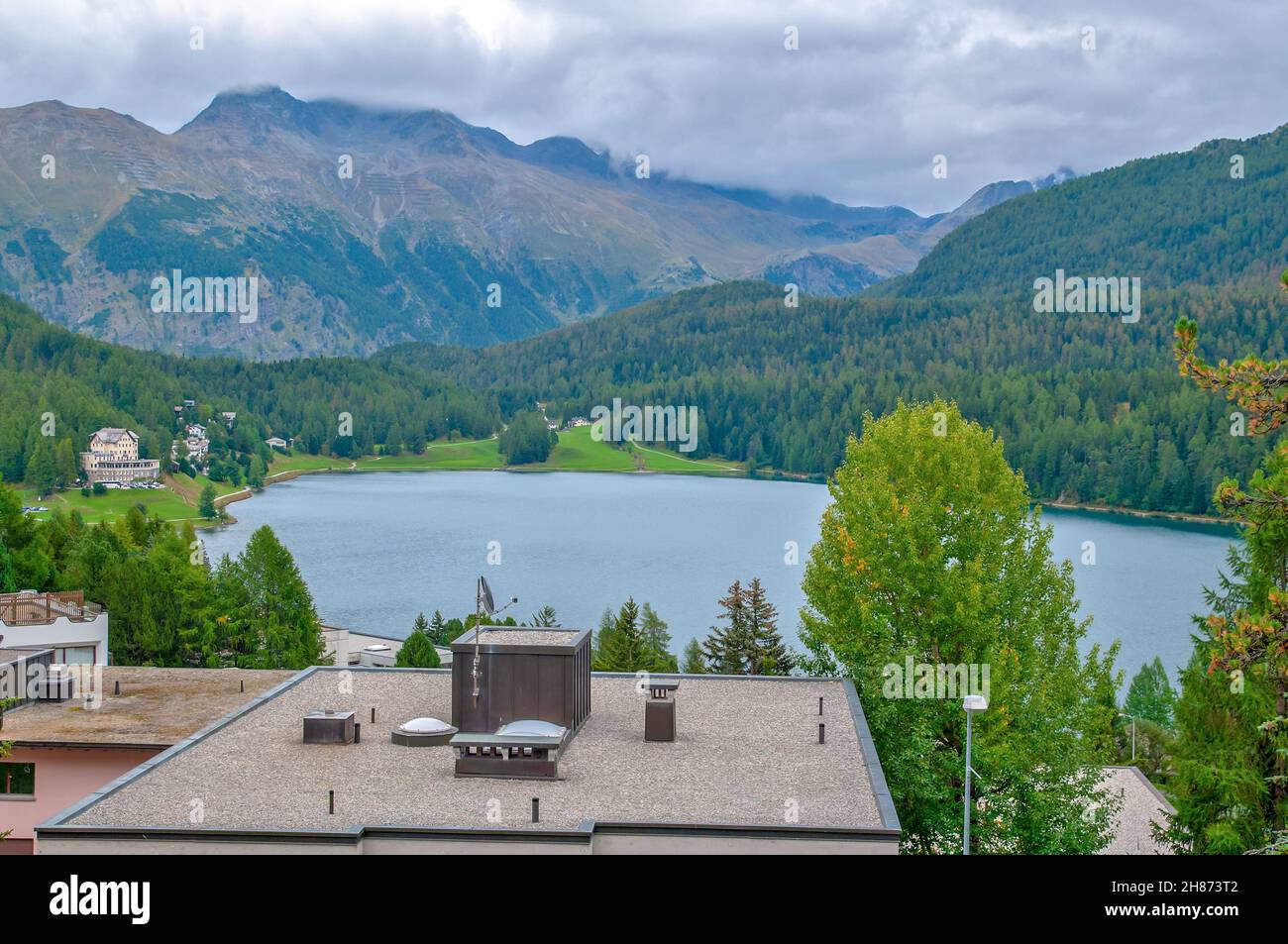 St. Moritz, Switzerland with Lake St. Moritz in the background Stock ...