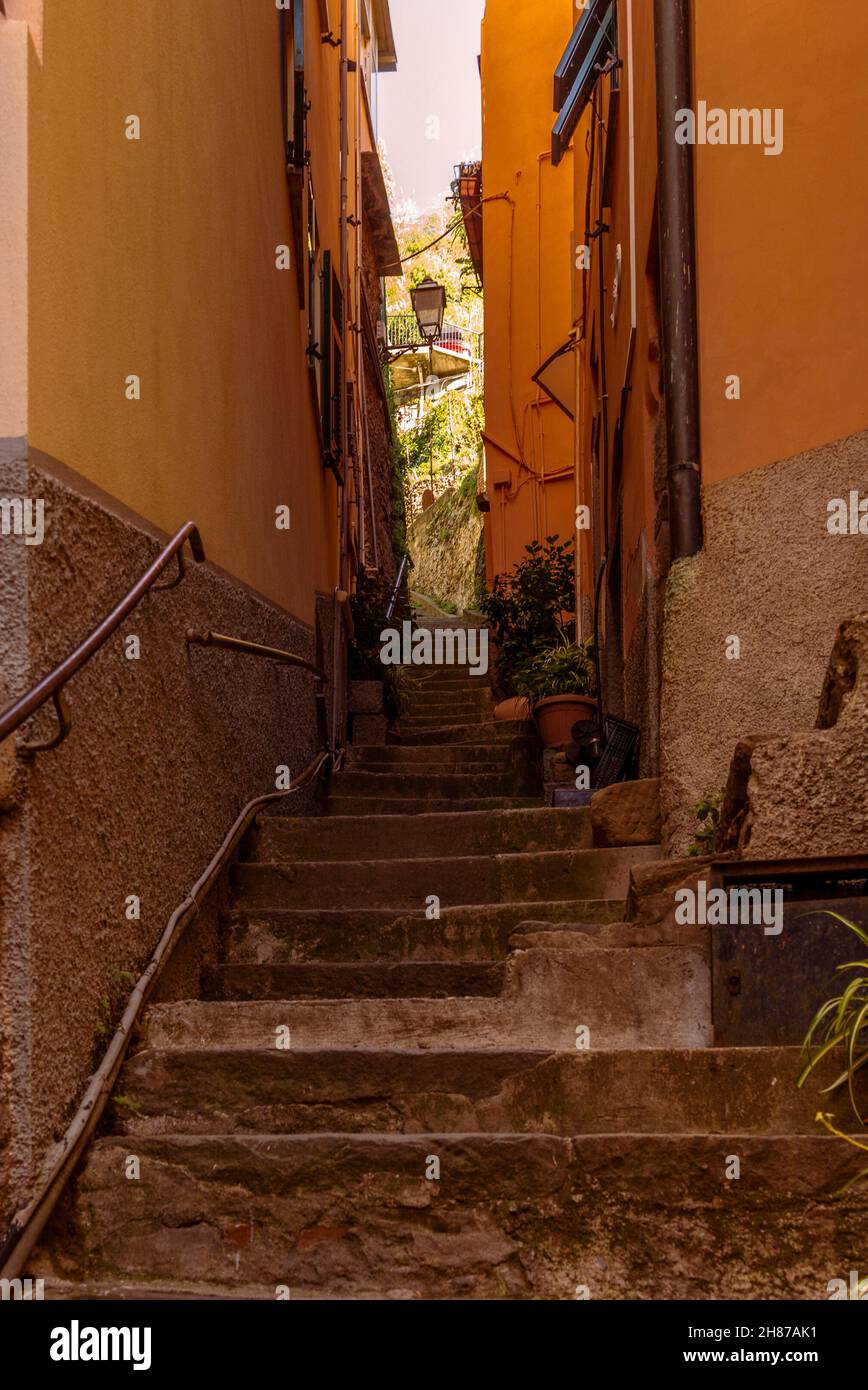 The narrow alley in Rio Maggiore in the Cinque Terre in Italy Stock ...