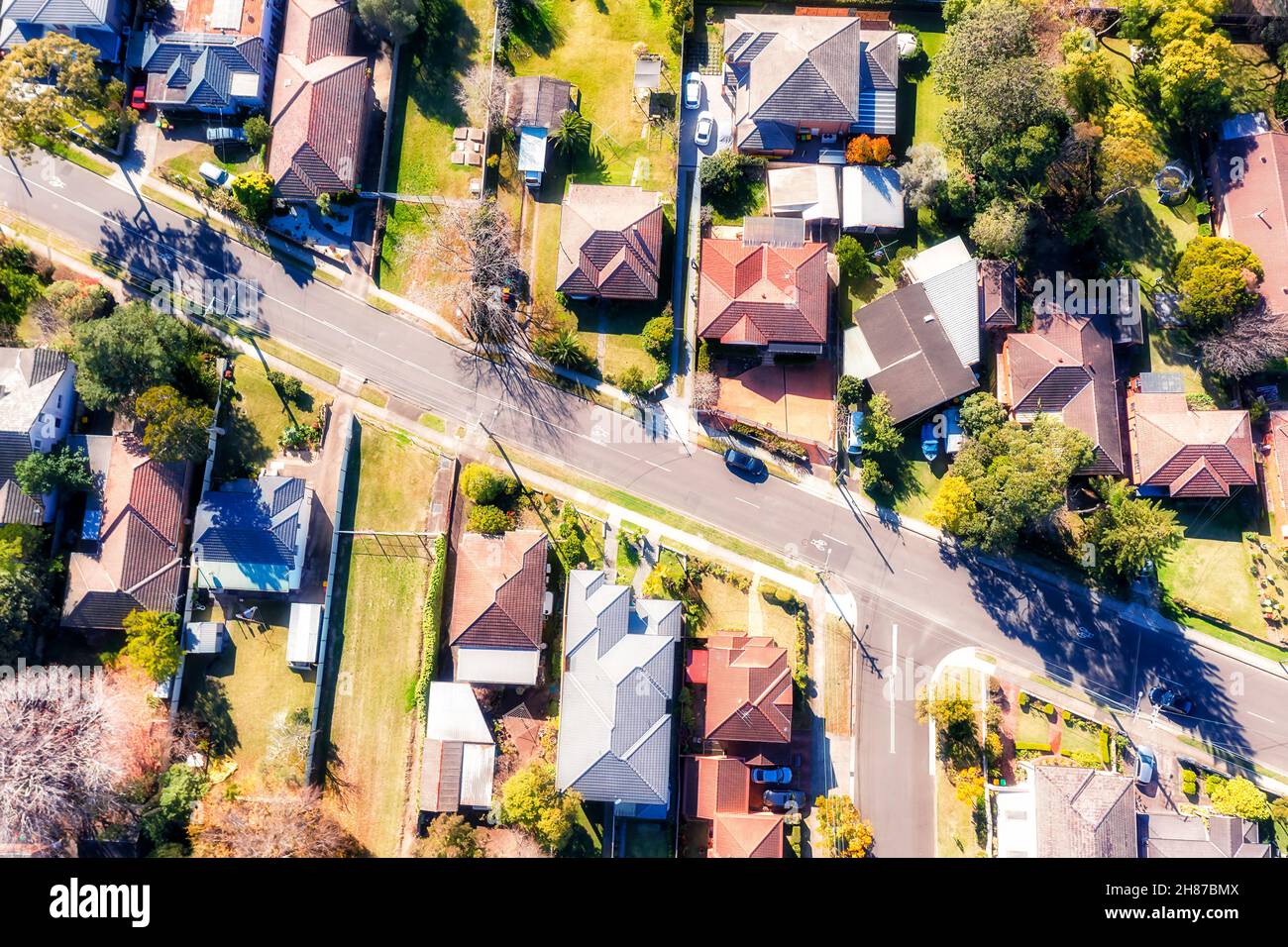 Aerial top down view in residential suburb of city of Ryde in Greater ...