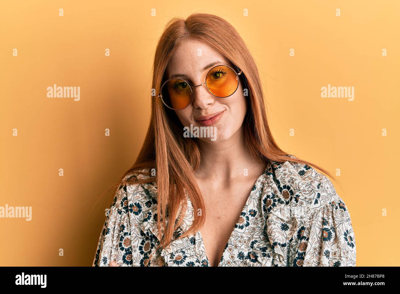 Young irish woman wearing bohemian and hippie style happy face smiling ...