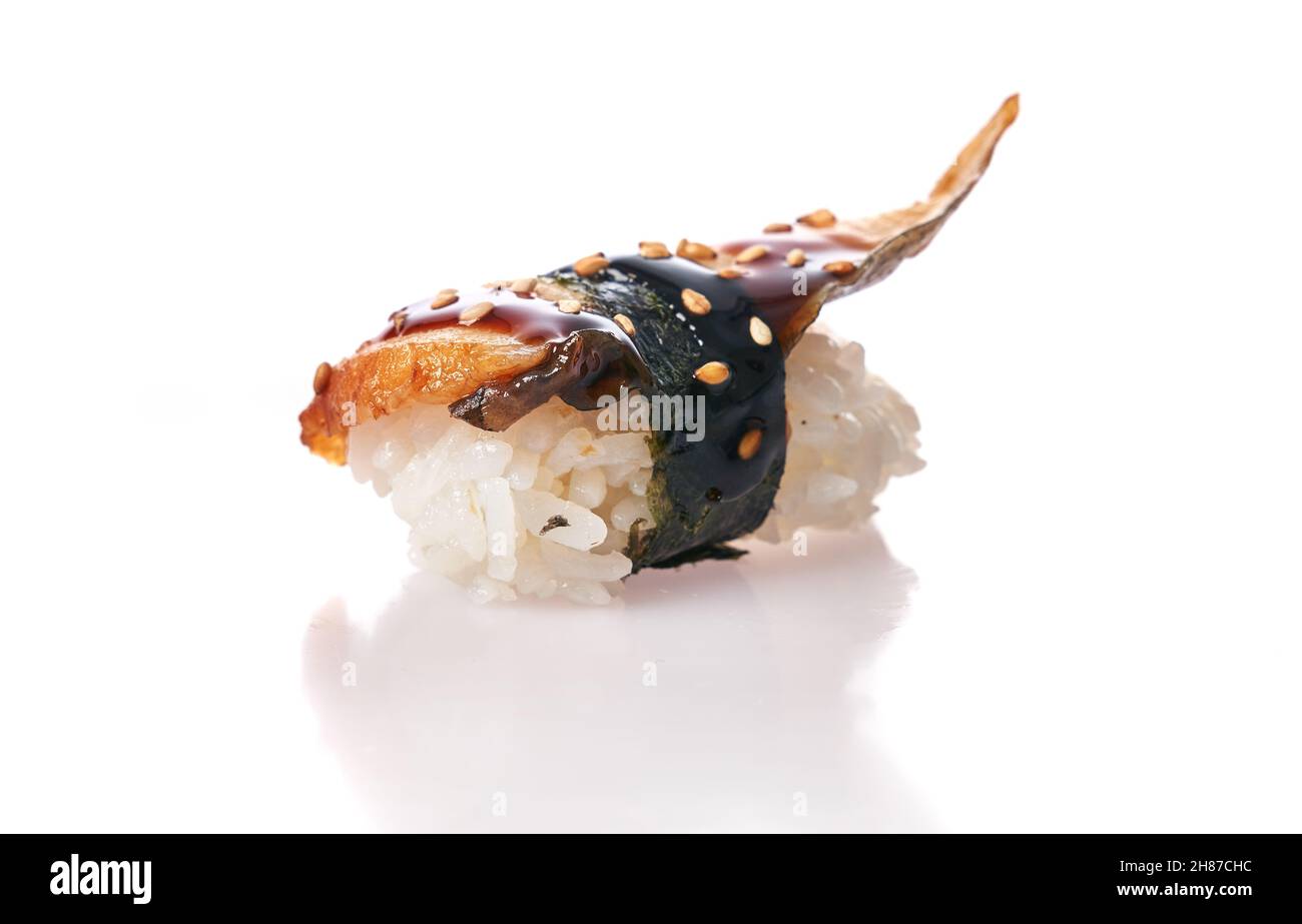 Single unagi nigiri sushi isolated on white background Stock Photo - Alamy