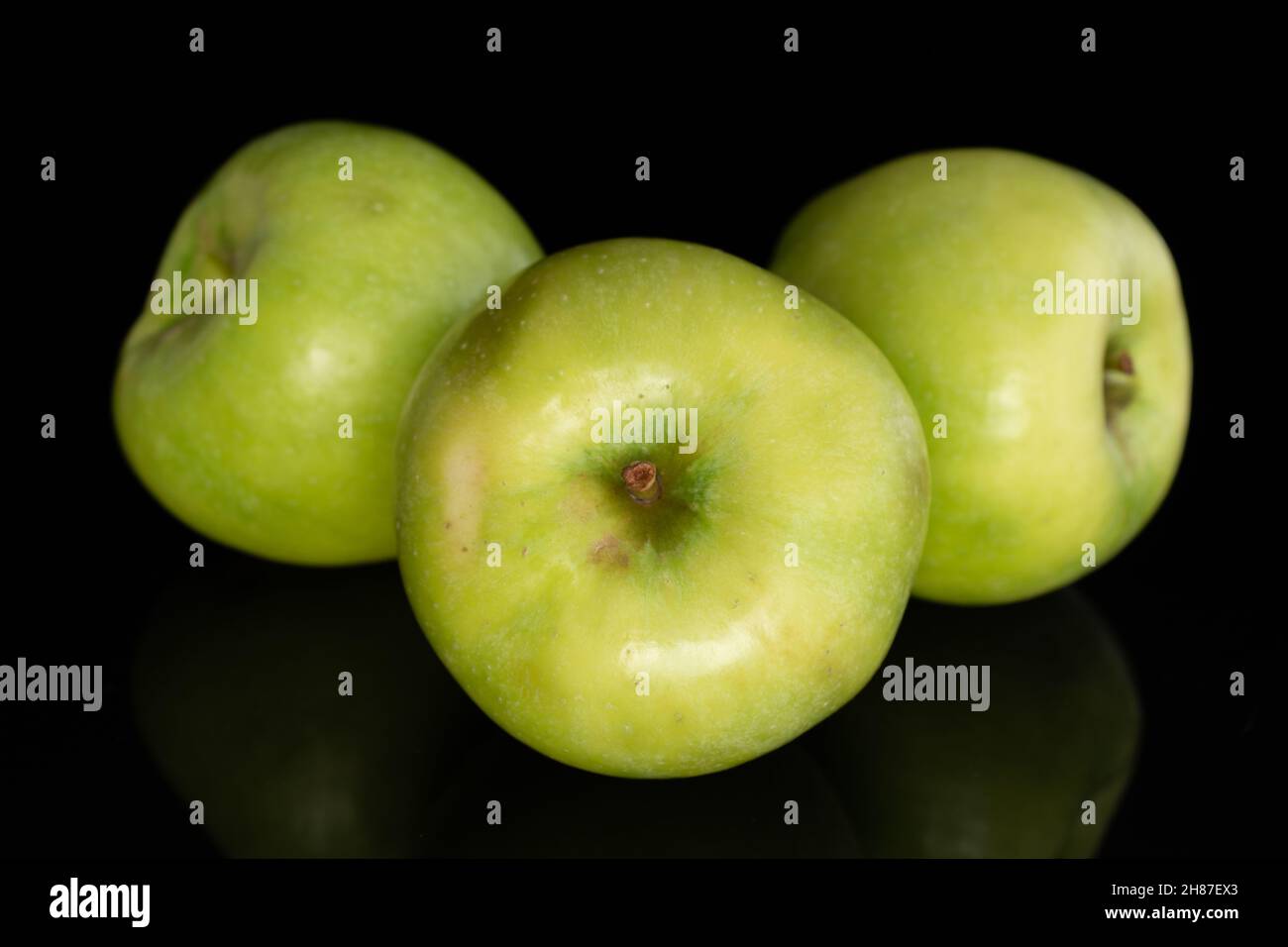 Three green apples by Renet Simirenko, close-up, isolated on black ...
