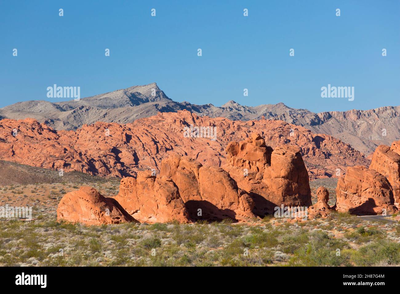 Valley of Fire State Park, Nevada, USA. View across desert scrub to the ...
