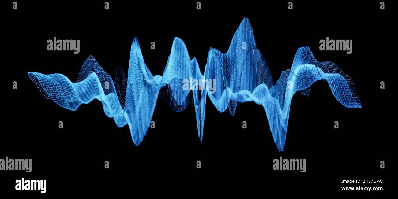 Blue Wireframe Wave Structure Or Abstract Visualization Of Audio Sound Waves Against Black