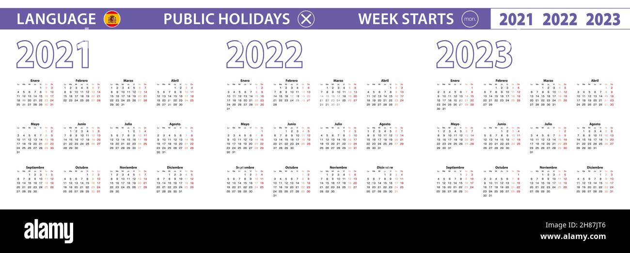 Simple calendar template in Spanish for 2021, 2022, 2023 years. Week ...