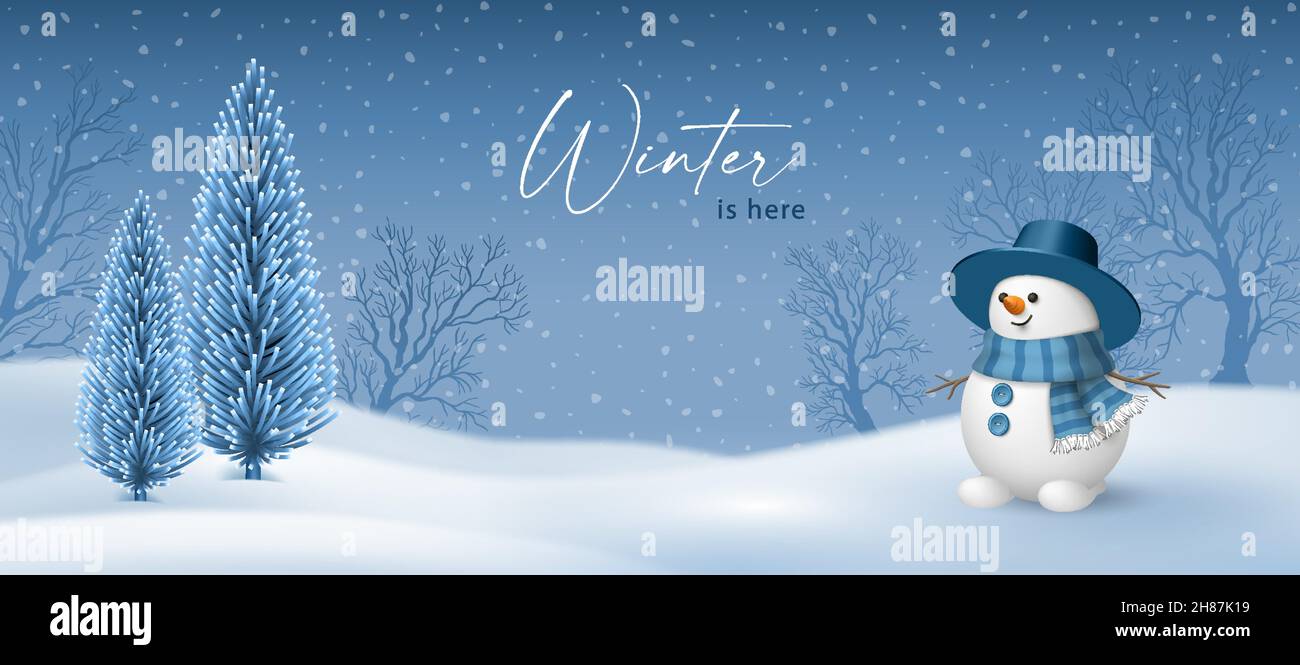 Winter Snow Banner with a cute snowman in a hat with a brim Stock ...